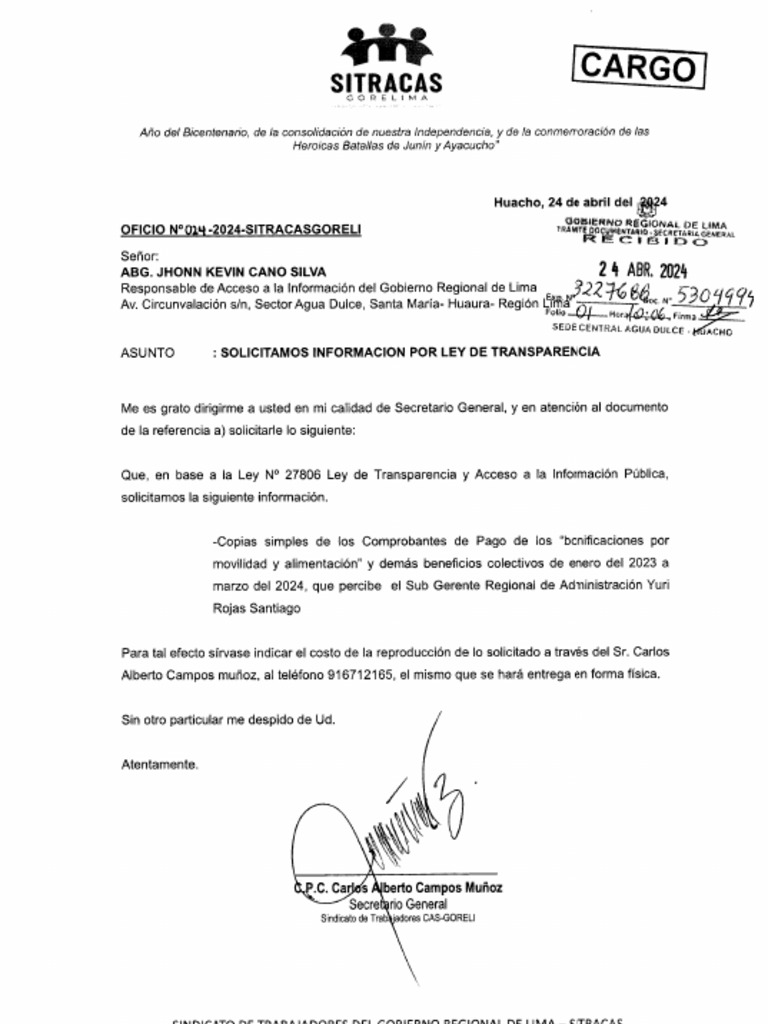 Oficio N024-2024-Sitracasgoreli | PDF