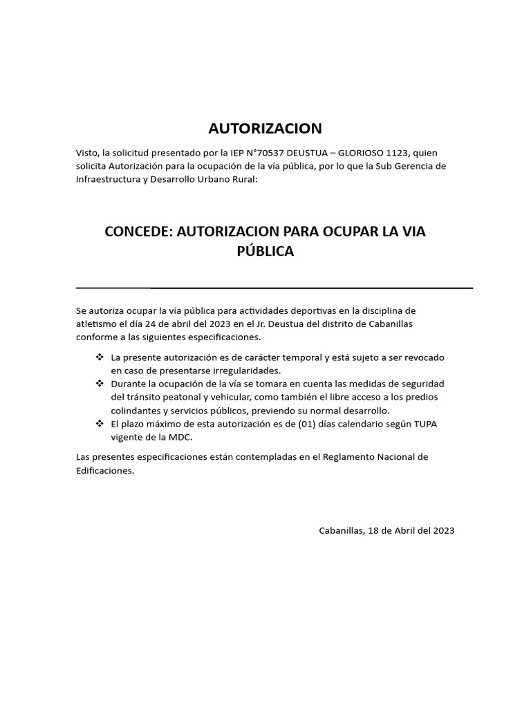 AUTORIZACION OCUPACION DE VIA I.E.P N°70537 | PDF