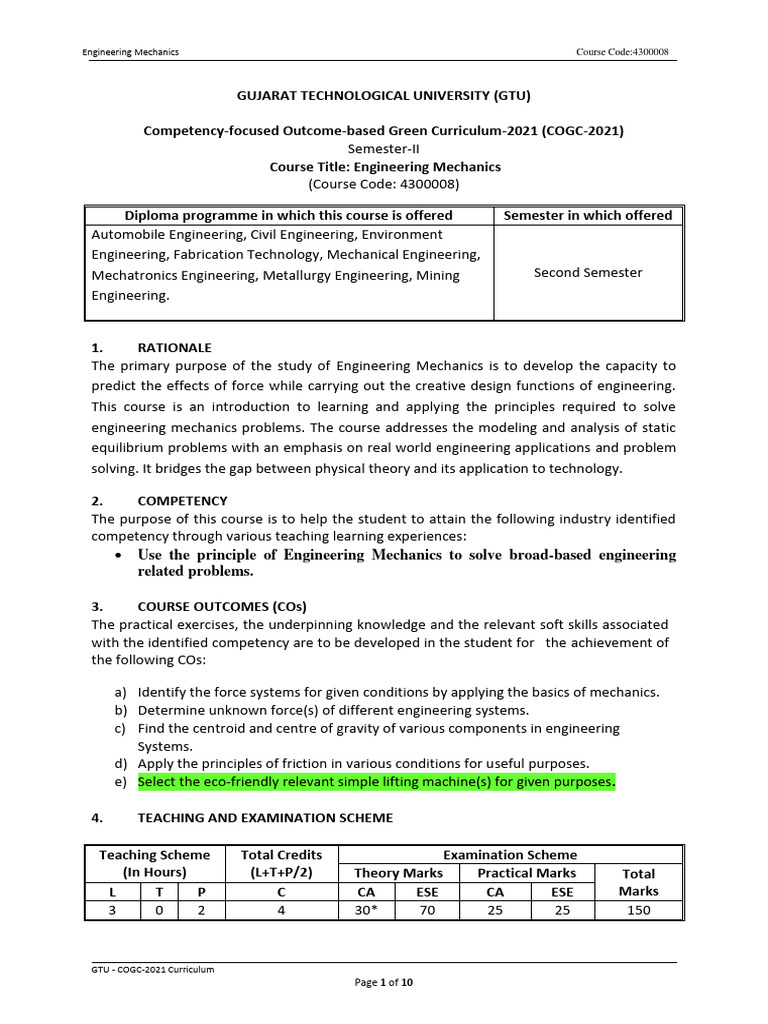 Engineering Mechanics Course Code:4300008: Page 1 of 10 | PDF | Force ...