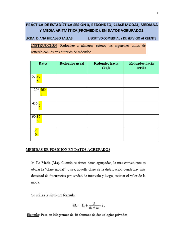 Práctica Estadística Moda, Mediana y Media Aritmética | PDF