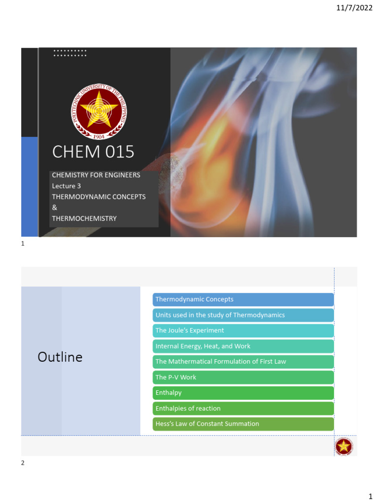 CHEM015 Lecture 3 HO Thermodynamic Concepts Thermochemistry | PDF | Heat | Enthalpy