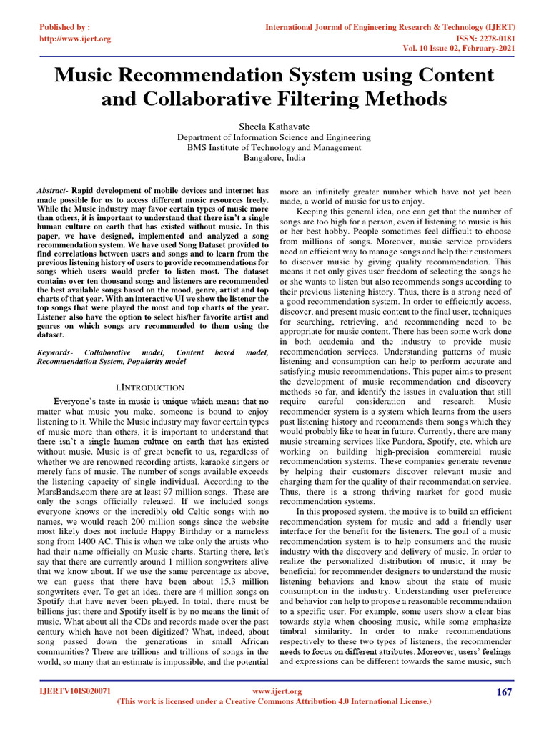 Music Recommendation System Using Content and Collaborative Filtering ... Music Recommendation System Using Content and Collaborative Filtering ...