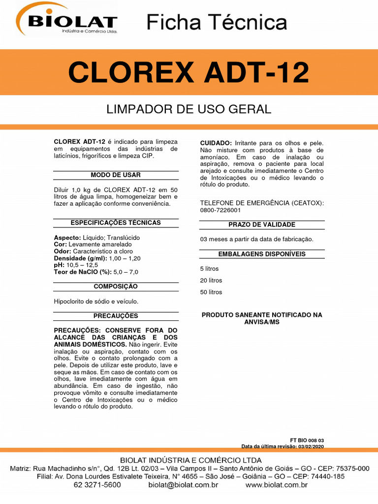 FT Bio 008 03 - Clorex Adt 12 | PDF