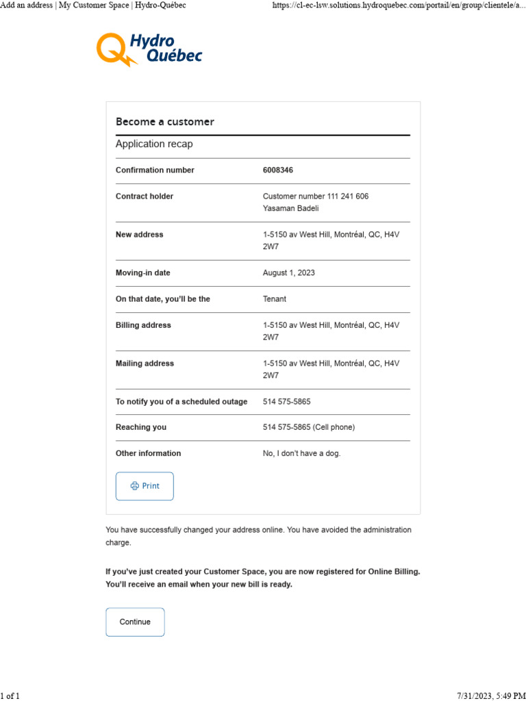 Address Change Confirmation - Hydro-Québec | PDF