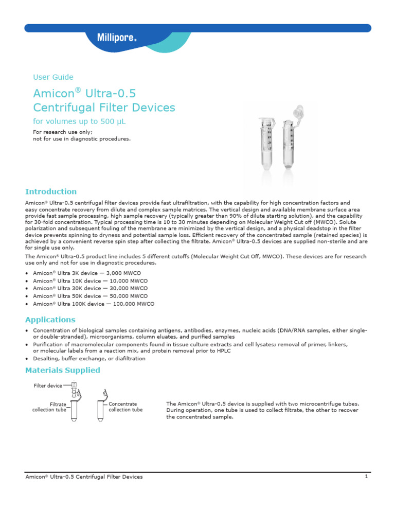 Amicon Manual | PDF | Centrifuge | Filtration