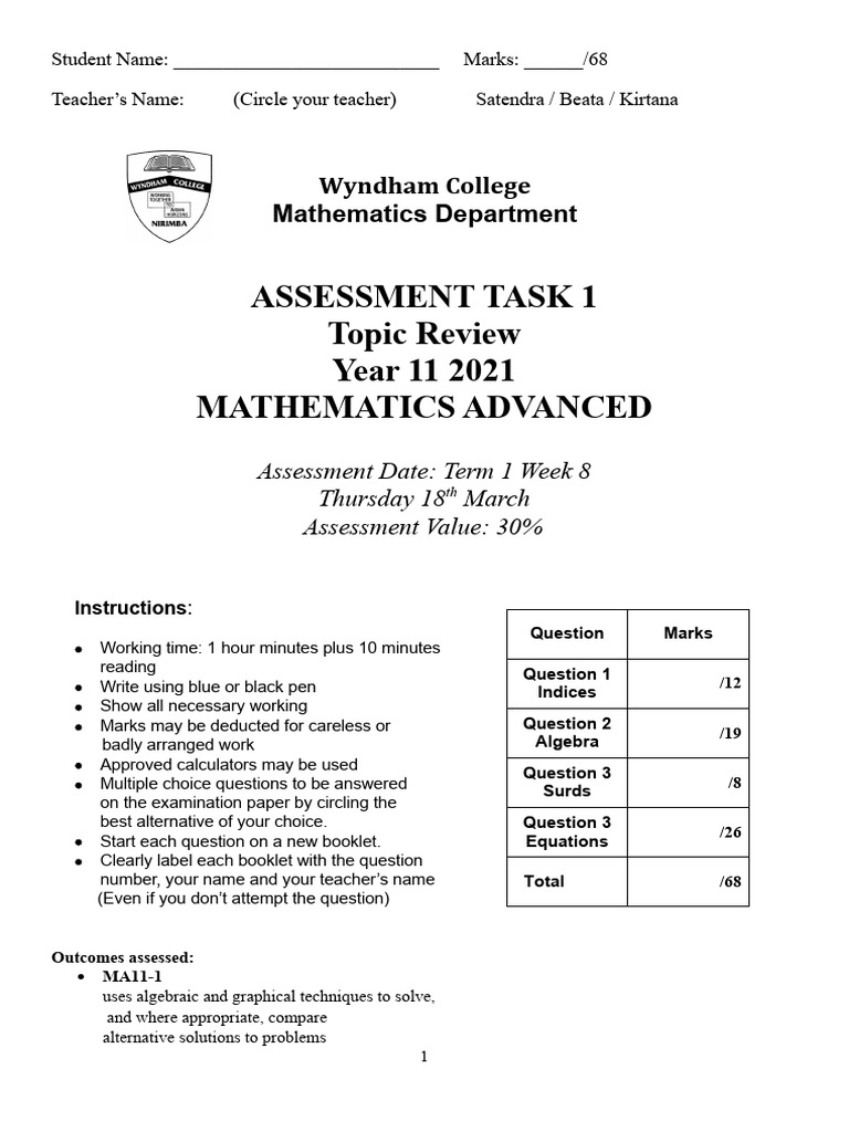 Year 11 Math Advanced Assessment | PDF | Quadratic Equation | Mathematics