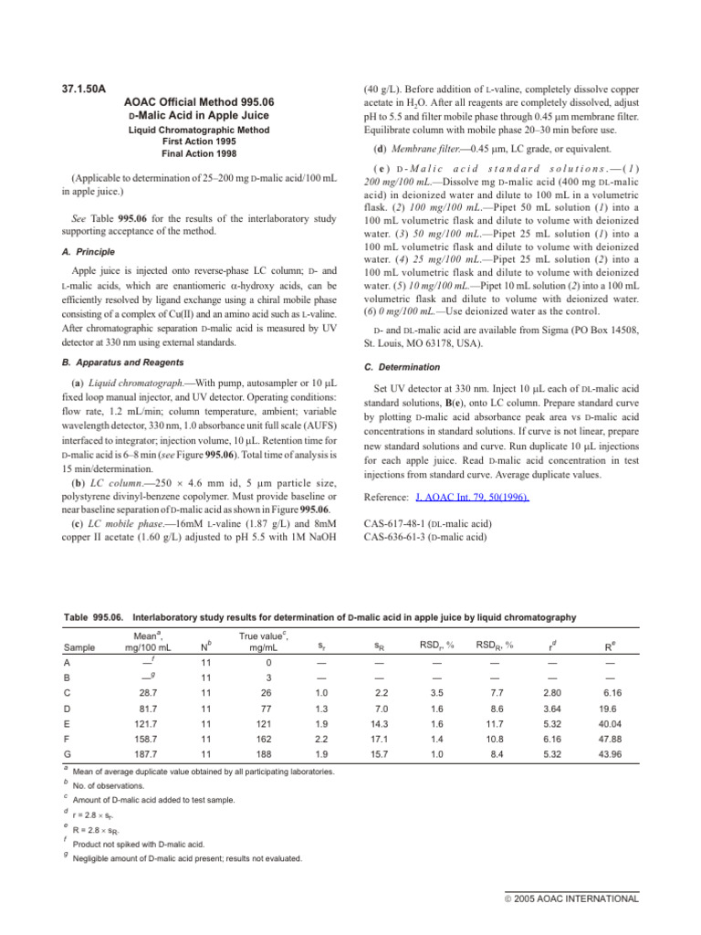 Apple Juice D-Malic Acid Analysis | PDF | Chromatography | Acid