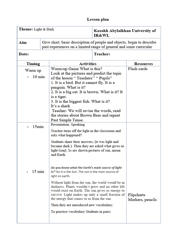 Lesson Plan Light Dark | PDF | Human Communication | Learning