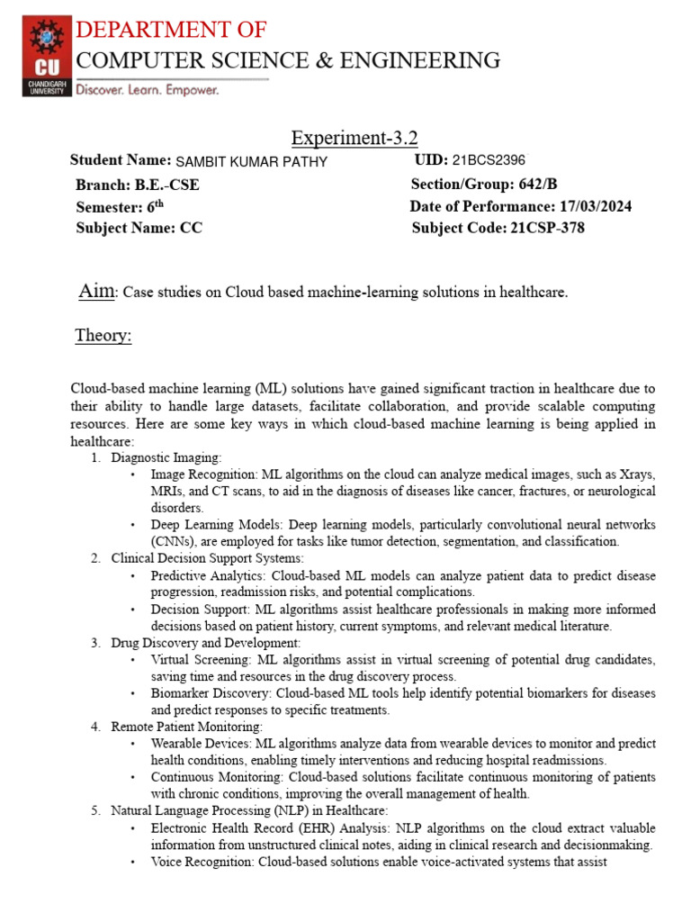 Computer Science & Engineering: Experiment-3.2 | PDF | Machine Learning | Cloud Computing