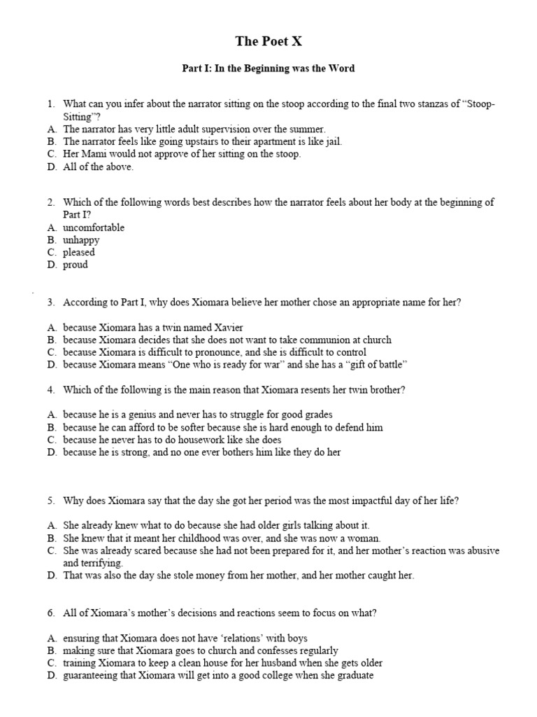 Poet X - Part 1 Quiz | PDF