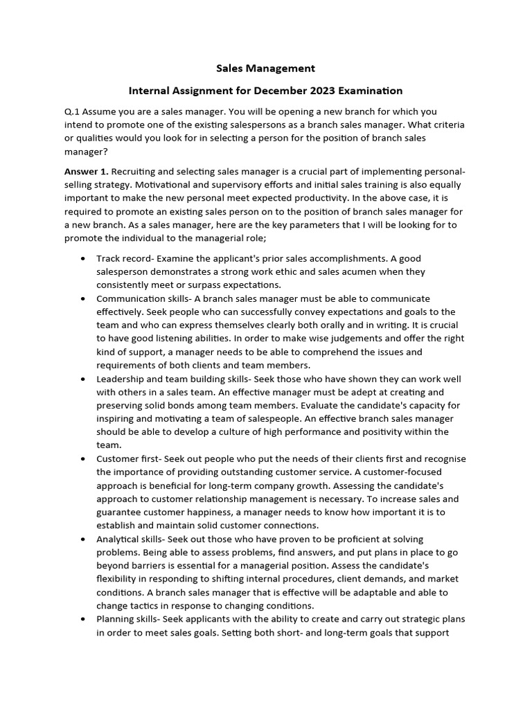 Sales Management Assignment | PDF | Sales | Marketing