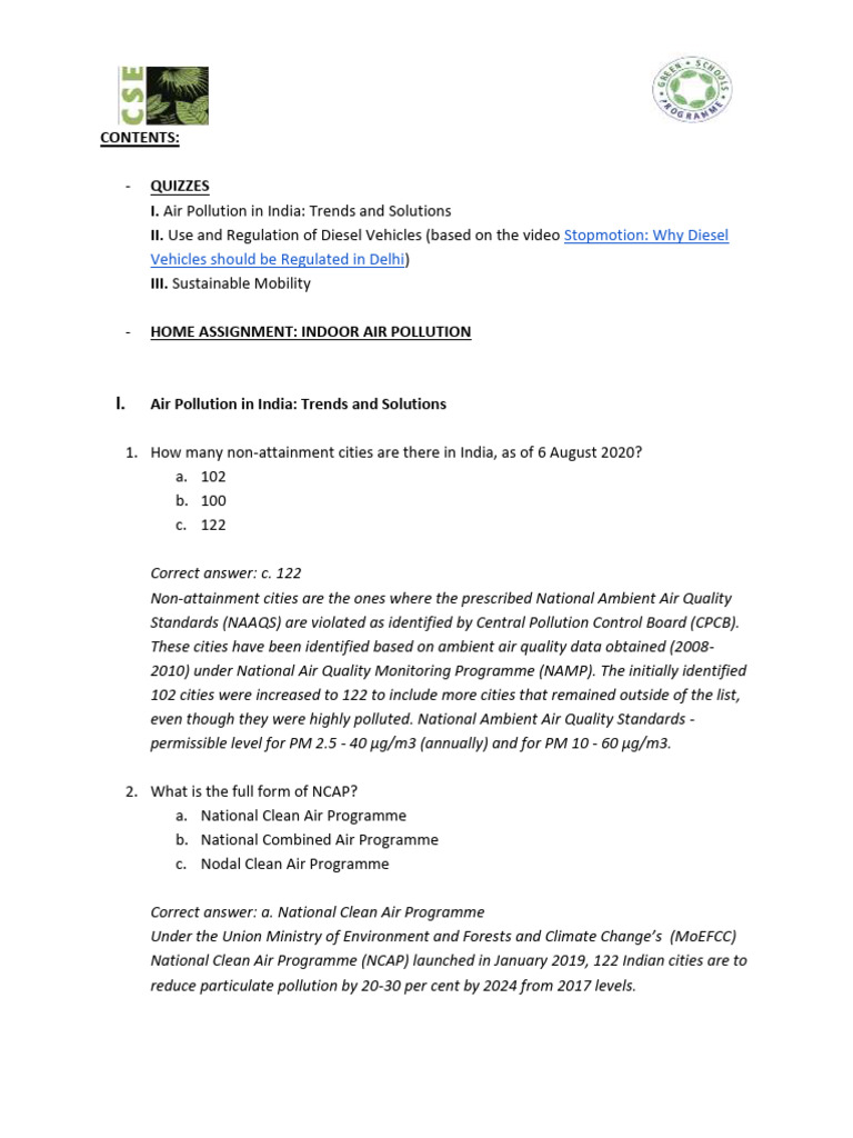 Quizzes Activities On Air Pollution | PDF | Air Pollution | Volatile ...