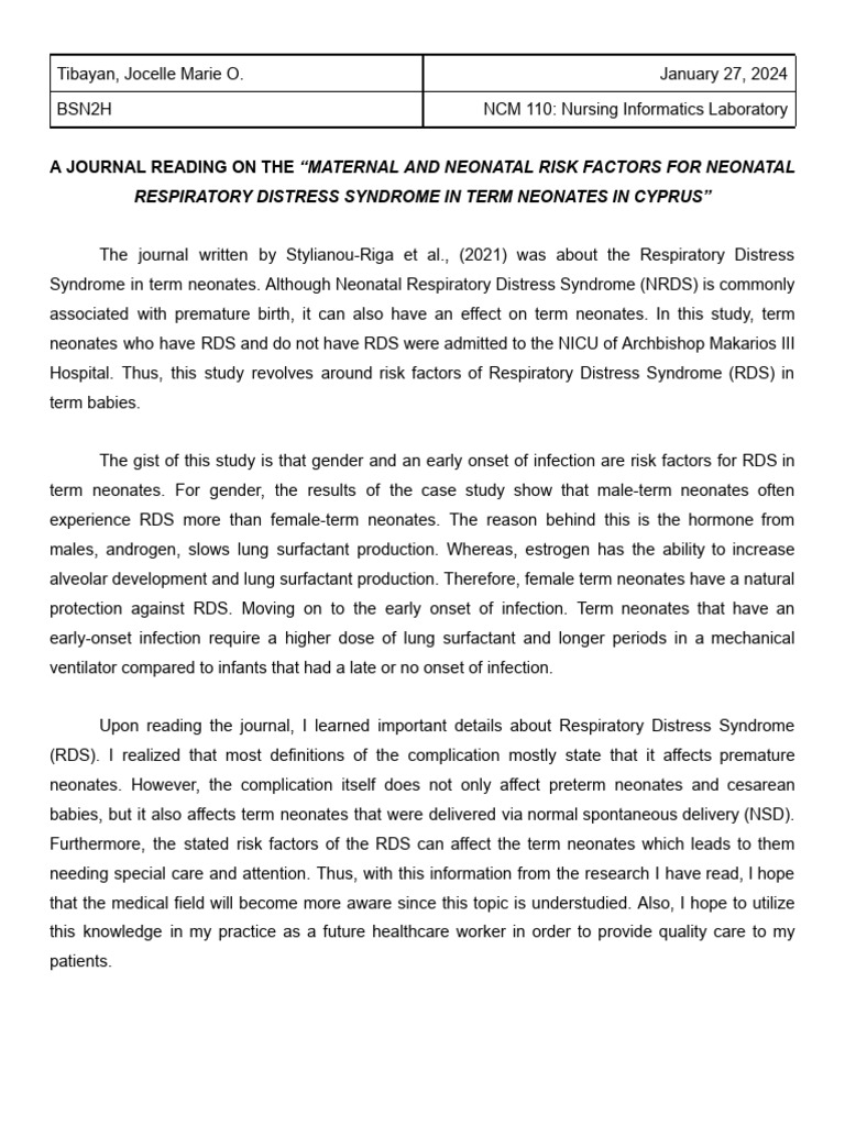 NCM 110: Nursing Informatics Journal Reading | PDF | Preterm Birth | Infants