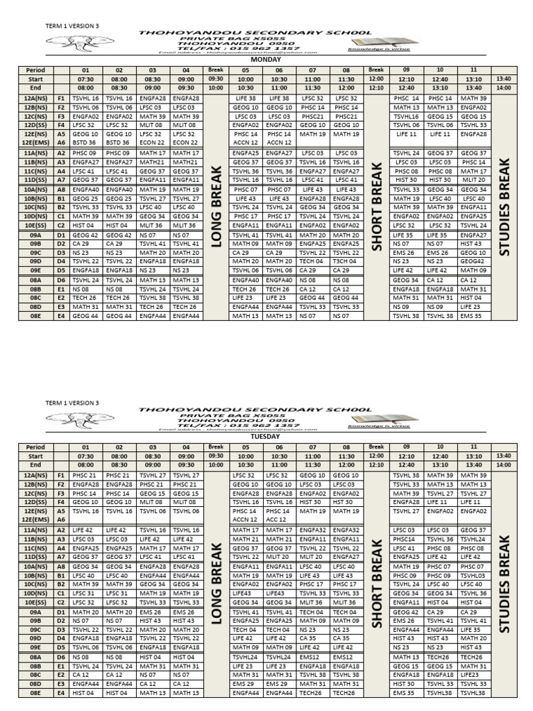 General Teaching Time-Table 2024 No. 3 Term 1 | PDF | Chess | Chess Theory