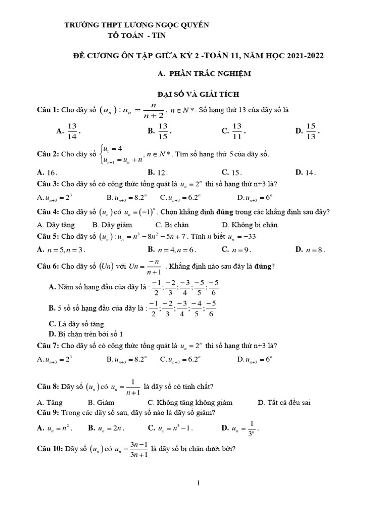 De Cuong Giua Ky 2 Toan 11 Nam 2021 2022 Truong Luong Ngoc Quyen Thai Nguyen | PDF
