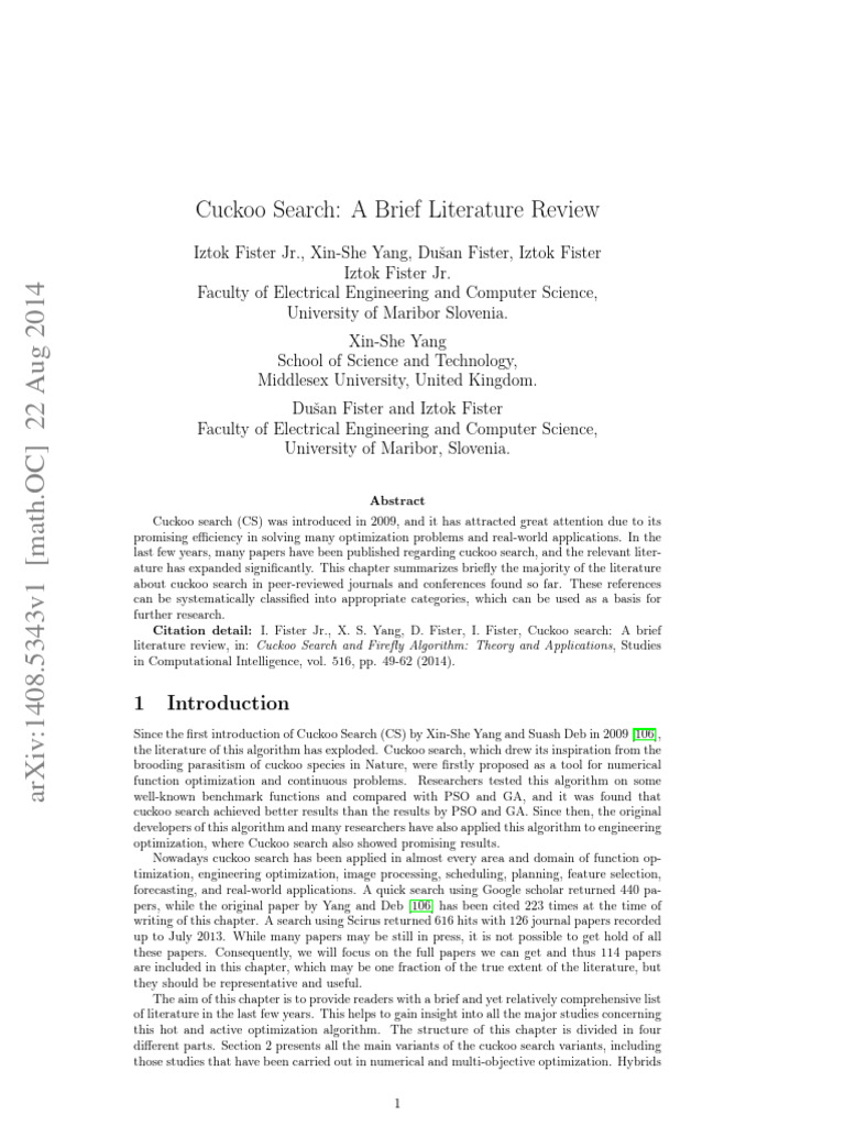 Cuckoo Search A Brief Literature Review | PDF | Mathematical Optimization | Metaheuristic