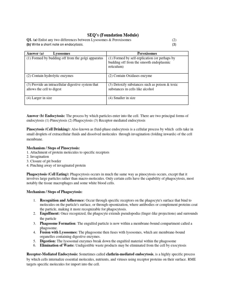 FM SEQ Class Test (With Key) | PDF | Lysosome | Cell Membrane