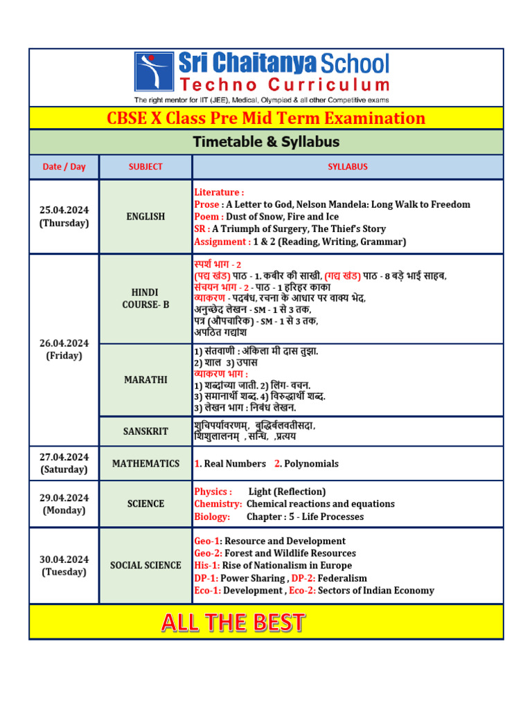 Cbse Class X Pre Mid Term Examination Final Syllabus & Time Table (MH ...