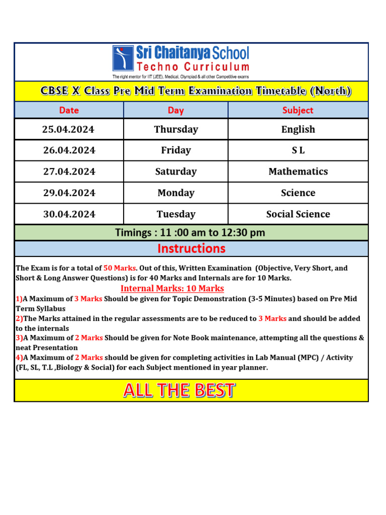 CBSE CLASS X PRE MID TERM EXAMINATION TIMETABLE (North) | PDF