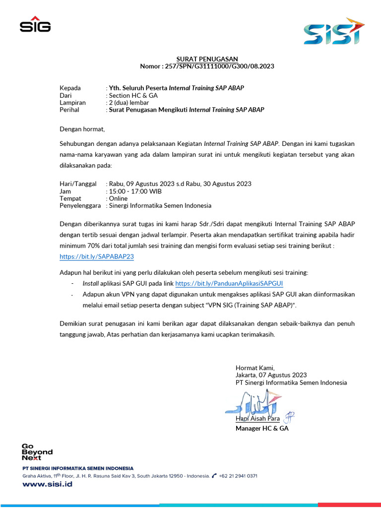Surat Penugasan Internal Training SAP ABAP | Download Free PDF | Classes Of Computers | Computer ...