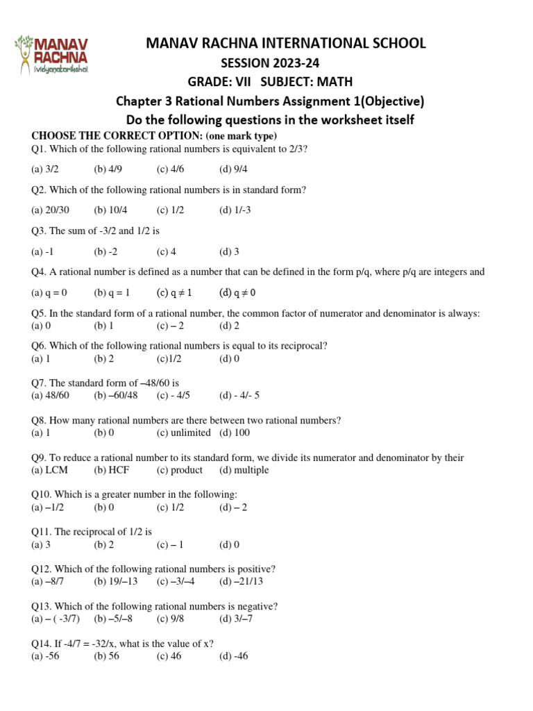 Grade 7 CH 3 Assign 1 Objective | PDF | Rational Number | Numbers