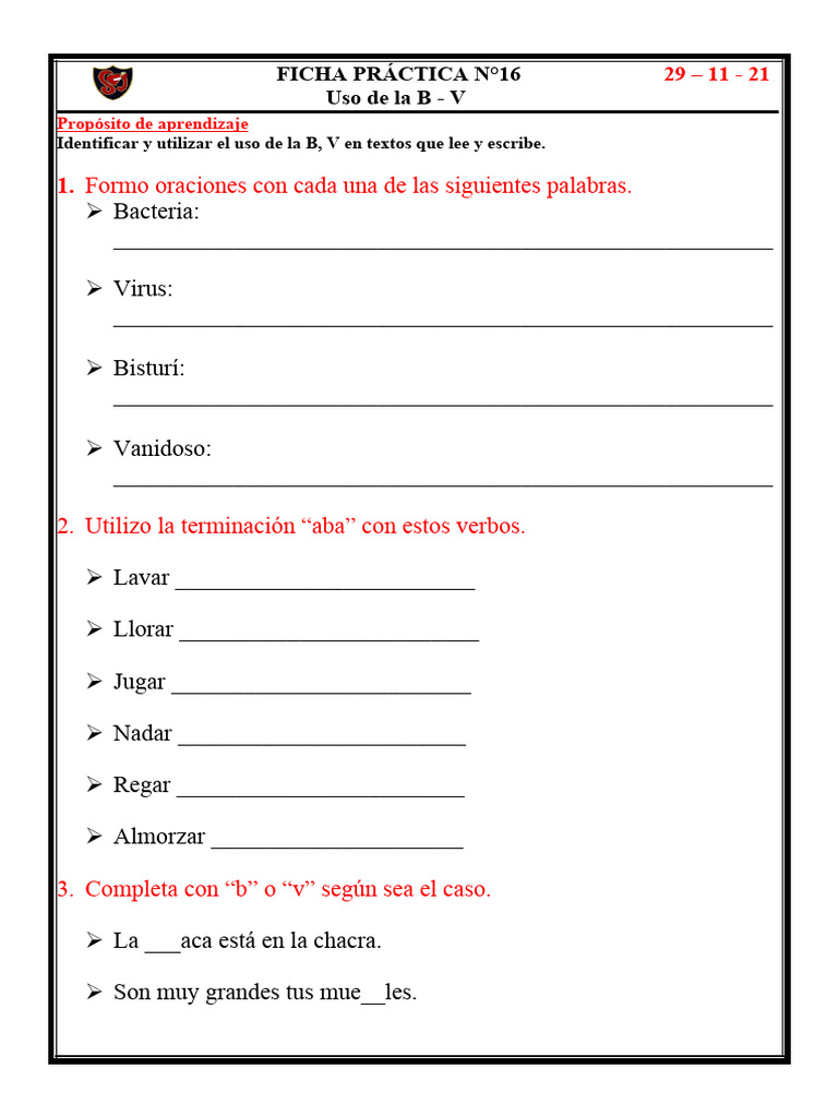Ficha Práctica #16 - Uso de La B - V | PDF