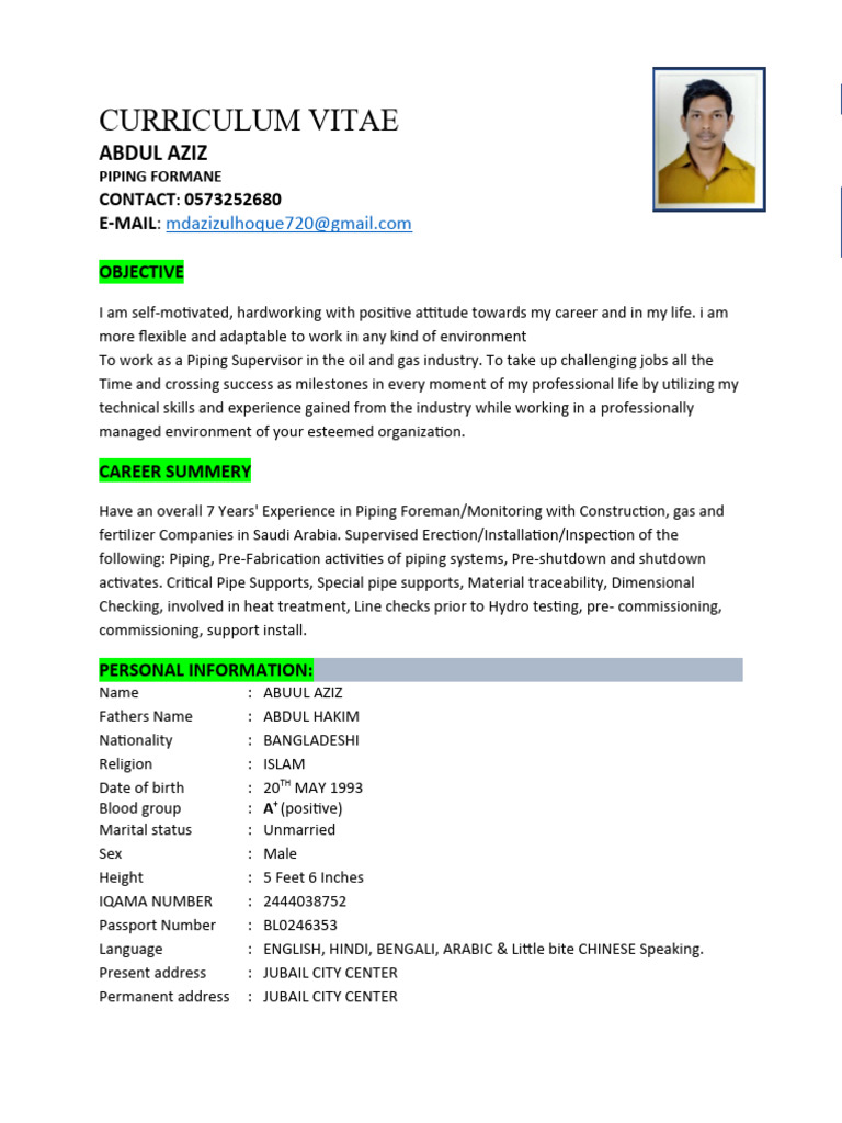 CV ABDUL AZIZ | PDF | Pipe (Fluid Conveyance)