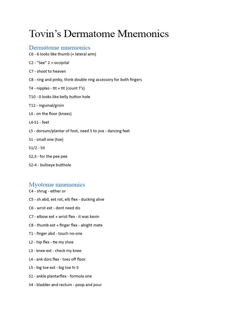 Tovin Dermatome Mnemonics | PDF | Teaching Methods & Materials