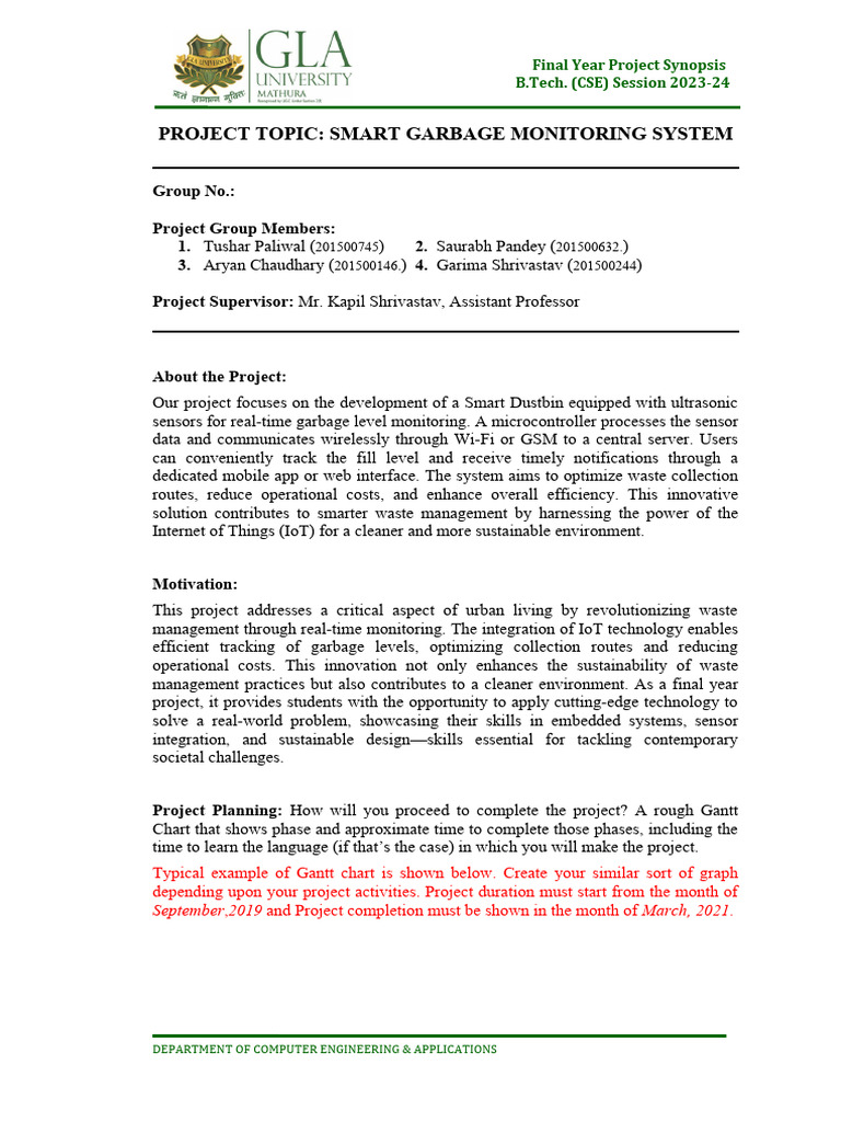 ACADEMIC CSE Project Synopsis (1) Smart Garbage Monitoring System | PDF | Internet Of Things ...