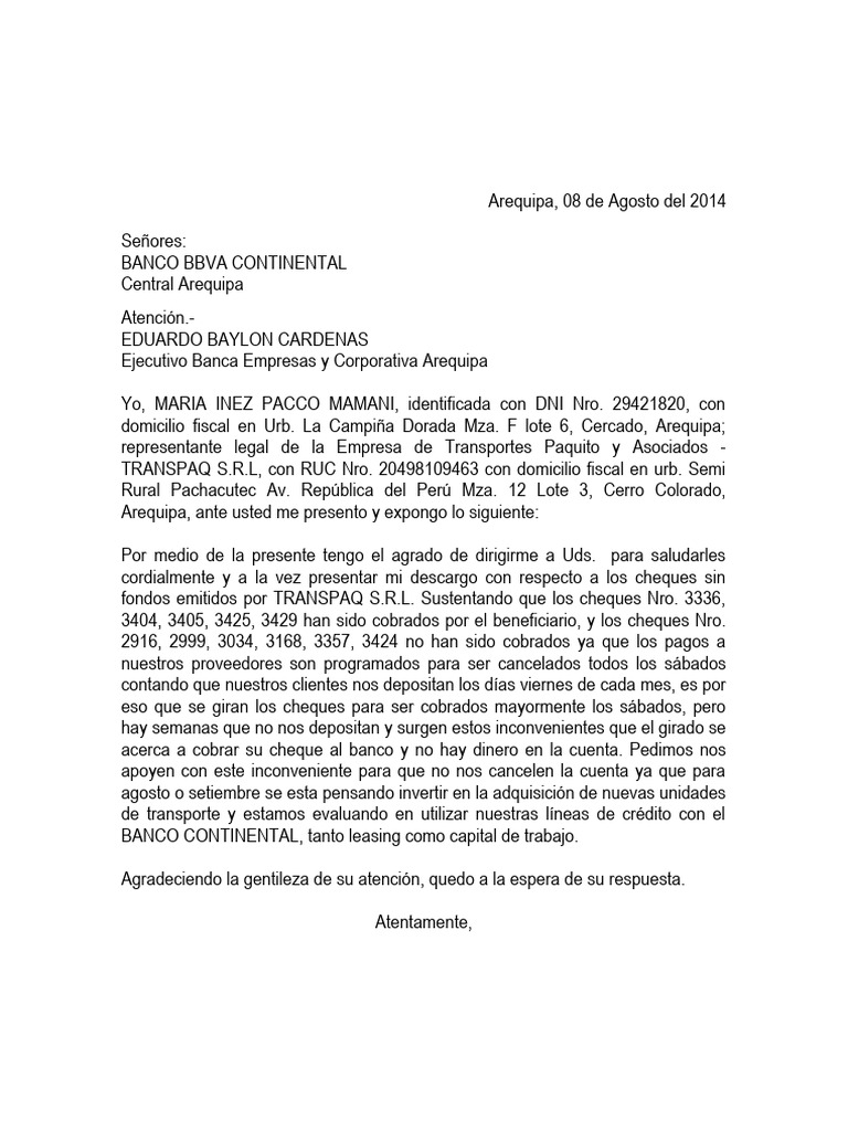 Carta de Descargo Por Emision de Cheques Sin Fondos | PDF | Finanzas y ...