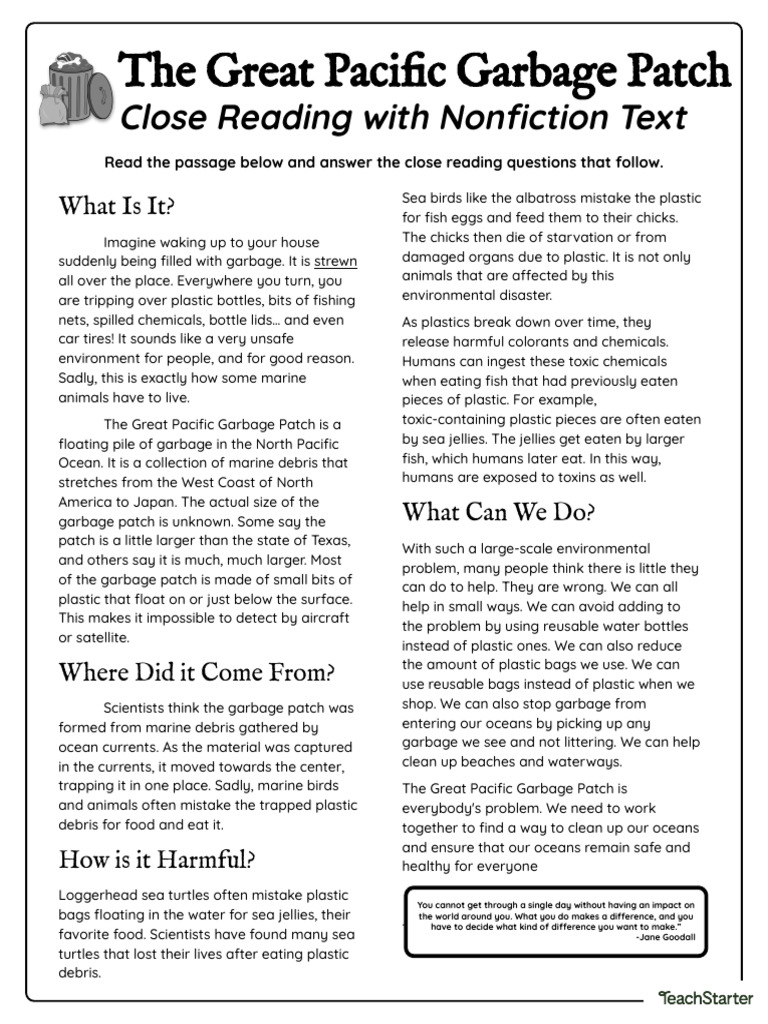 Comprehension Worksheets The Great Pacific Garbage Patch Adobe Reader ...