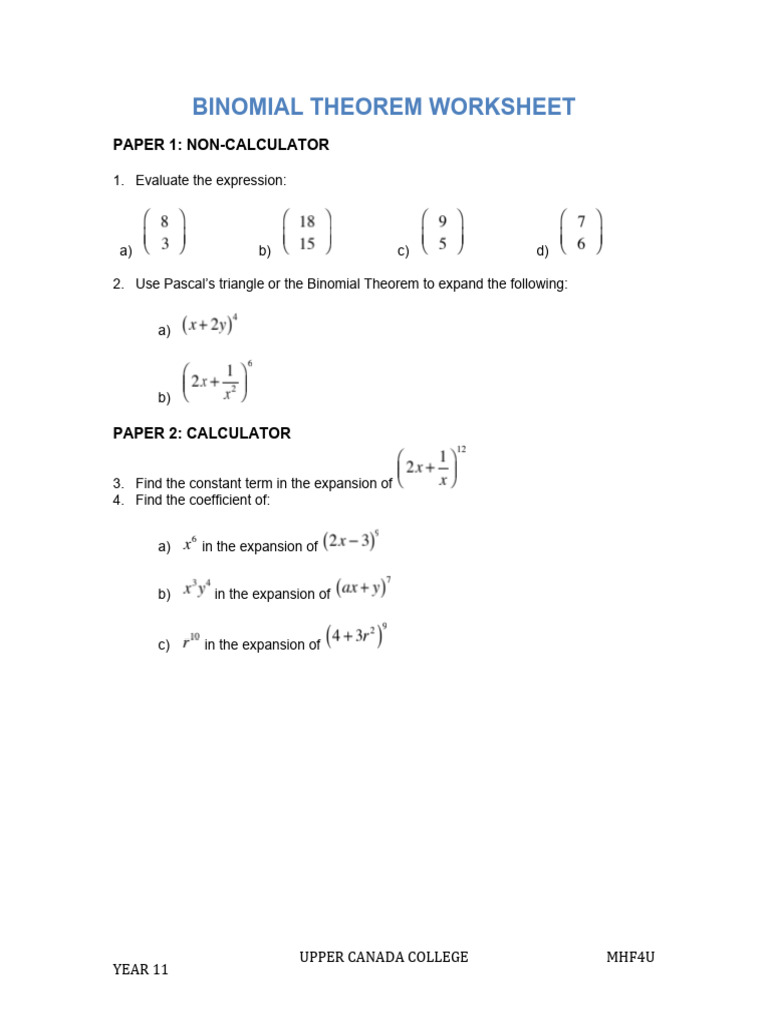 Binomial Theorem Practice Worksheet | PDF | Finance & Money Management ...