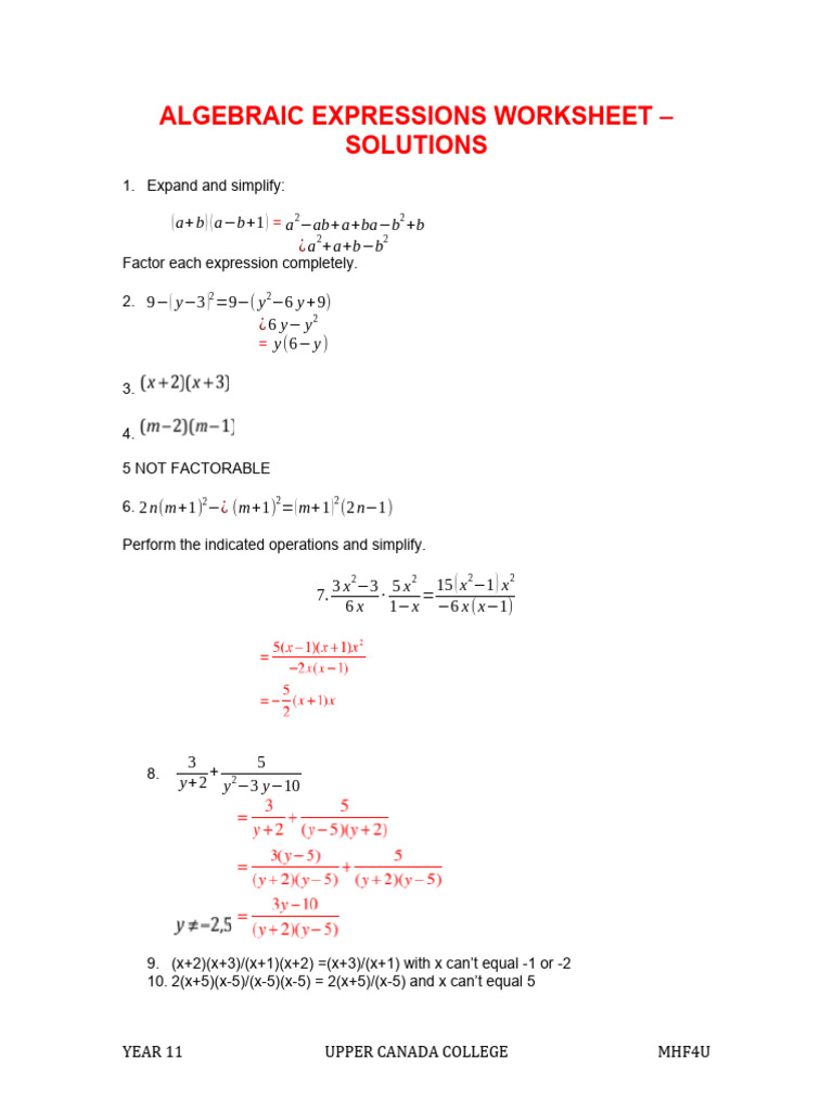 Algebraic Expressions Worksheet Solutions | PDF | Equations | Mathematics