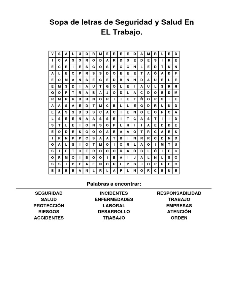 Sopa de Letras de Seguridad y Salud en El Trabajo | PDF