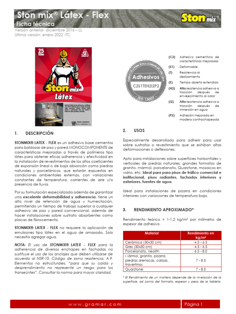 FT Ficha Tecnica Stonmix Latex Flex 18012022 V3 | PDF | Mortero ...