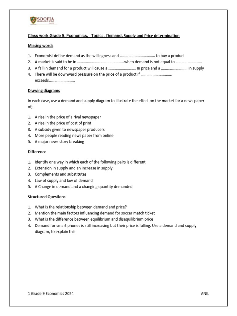 Class Work-Grade 9-Economics, Topic: - Demand | PDF | Business ...