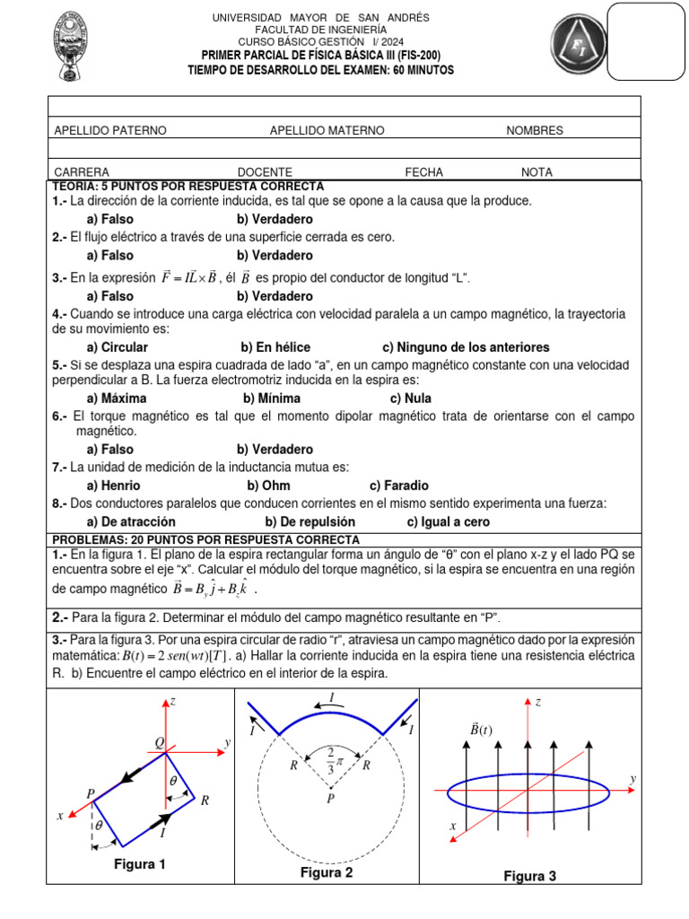 FIS200_PRIMER_PARCIAL_I_2024_SOLUCION | PDF | Campo magnético | Inducción electromagnética