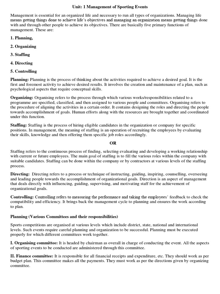 Unit I. Management of Sporting Events | PDF | Tournament