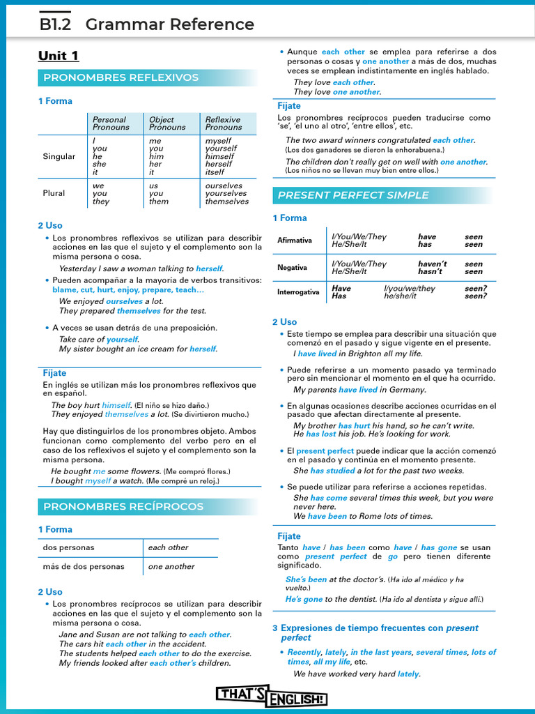 Pronombres Y Present Perfect En Inglés B1 2 Pdf Gramática Lingüística