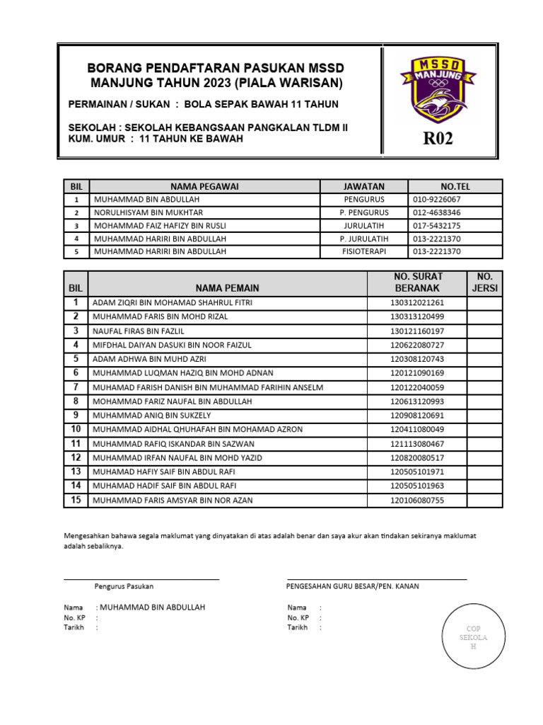 Borang-R02 Bola Sepak Piala Warisan | PDF