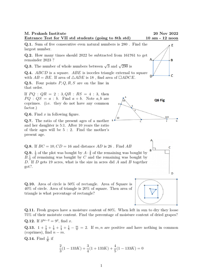 8thentrance - 20nov2022 Paper With Key | PDF | Area | Elementary Mathematics