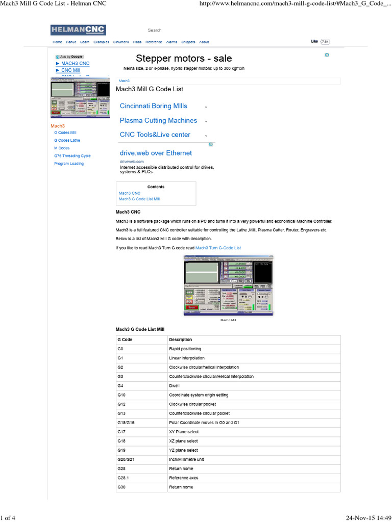 Mach3 Mill G Code List - Helman CNC | PDF | Numerical Control | Drilling