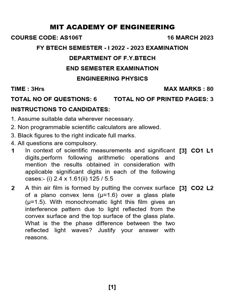 FY BTech - AS - Engineering Physics - SEM-I - Mar 2023 | PDF | Electron | Laser