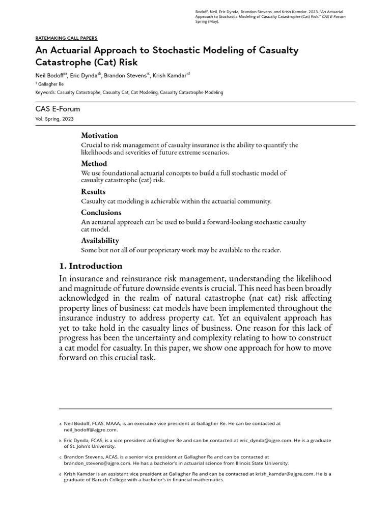 An Actuarial Approach To Stochastic Modeling of Casualty Catastrophe ...