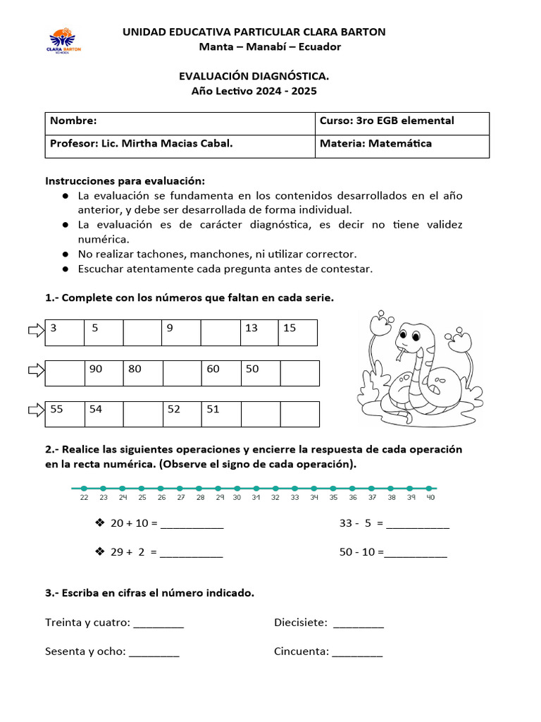 Evaluación Diagnóstica Matemática 3ro EGB | PDF