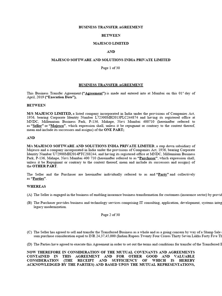 Slump Sale Agreement Overview | PDF | Indemnity | Taxes