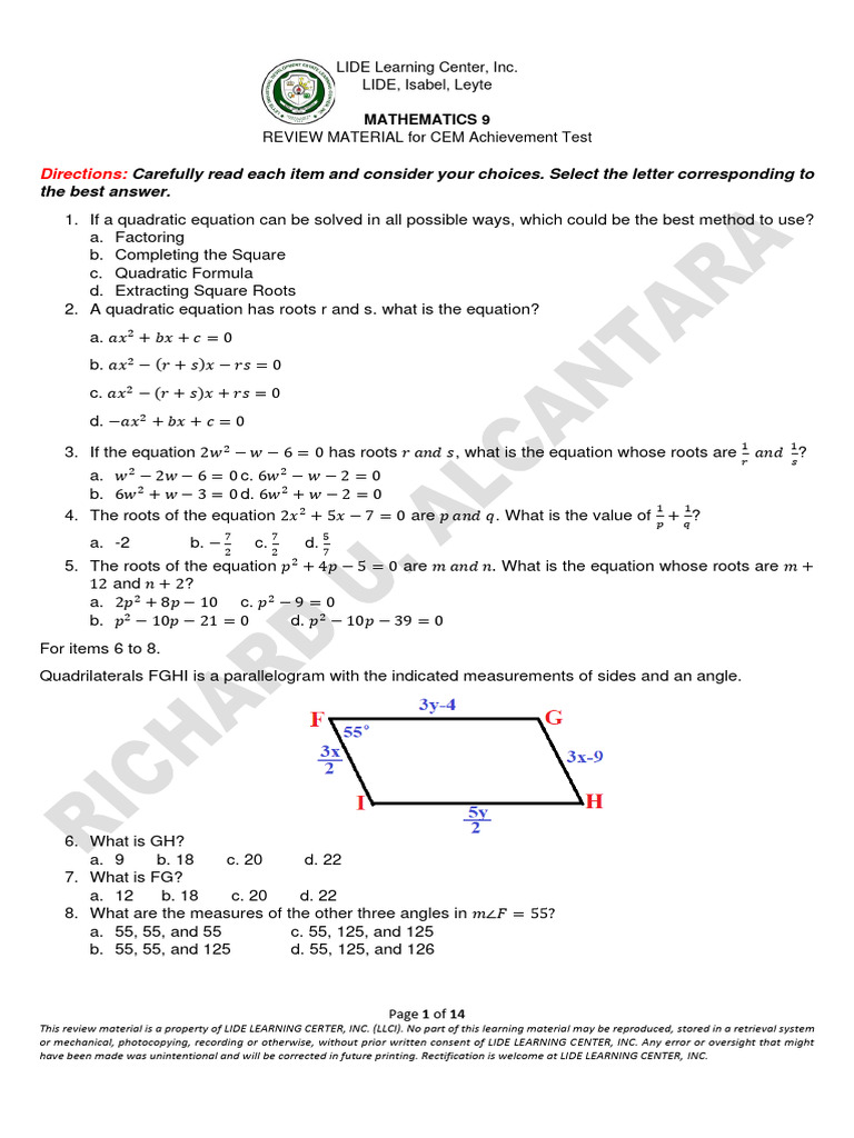 GRADE 9 REVIEW MATERIALS - 160 Questions Copy - For Students | PDF ... GRADE 9 REVIEW MATERIALS - 160 Questions Copy - For Students | PDF ...