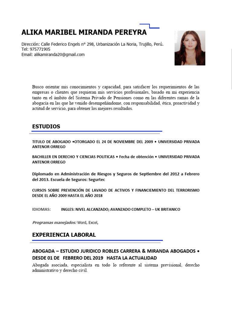 CV Alika Maribel Miranda Pereyra 1.1 | PDF | Abogado | Pensión