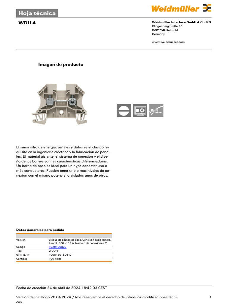DATASHEET BORNERAS 1020100000 - WDU - 4 - Es | PDF | Metrología | Cantidad