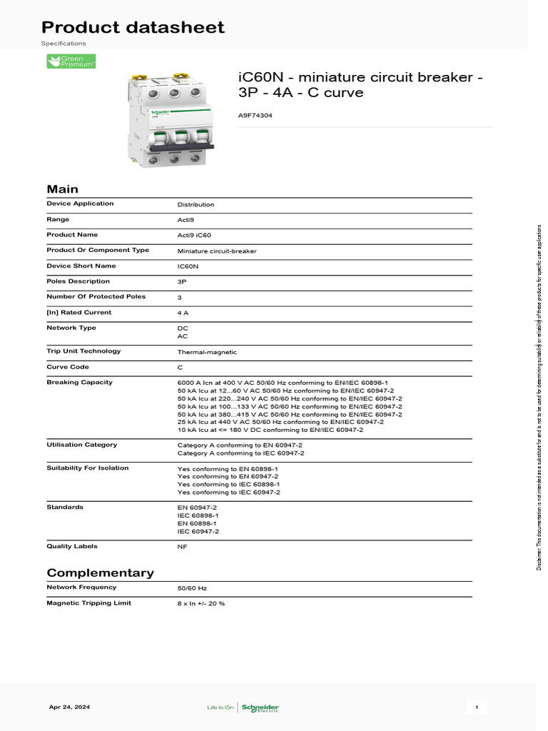 DATASHEET BREAKER CONTROL 4A Schneider Electric - MCB-for-Protection-Acti9-iC60 - A9F74304 ...